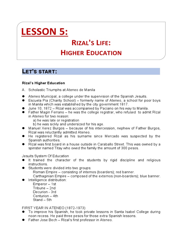 Rizal's Life-Higher Education | PDF | Philippines