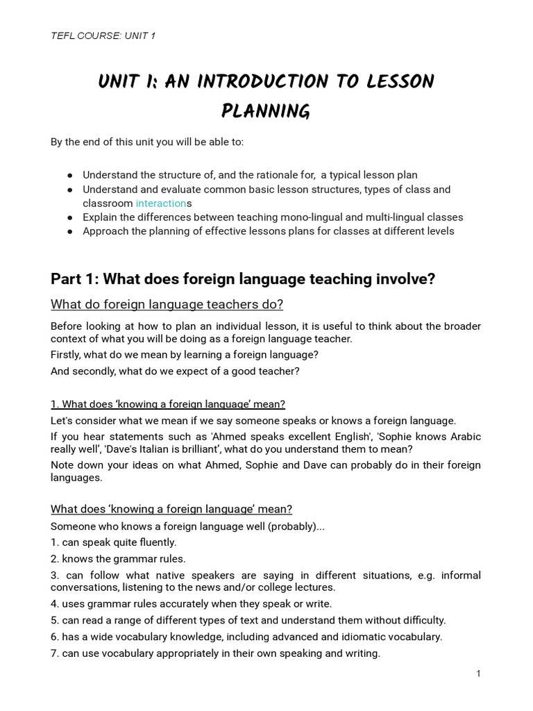 Tefl Course Unit 1 Pdf Language Education Multilingualism