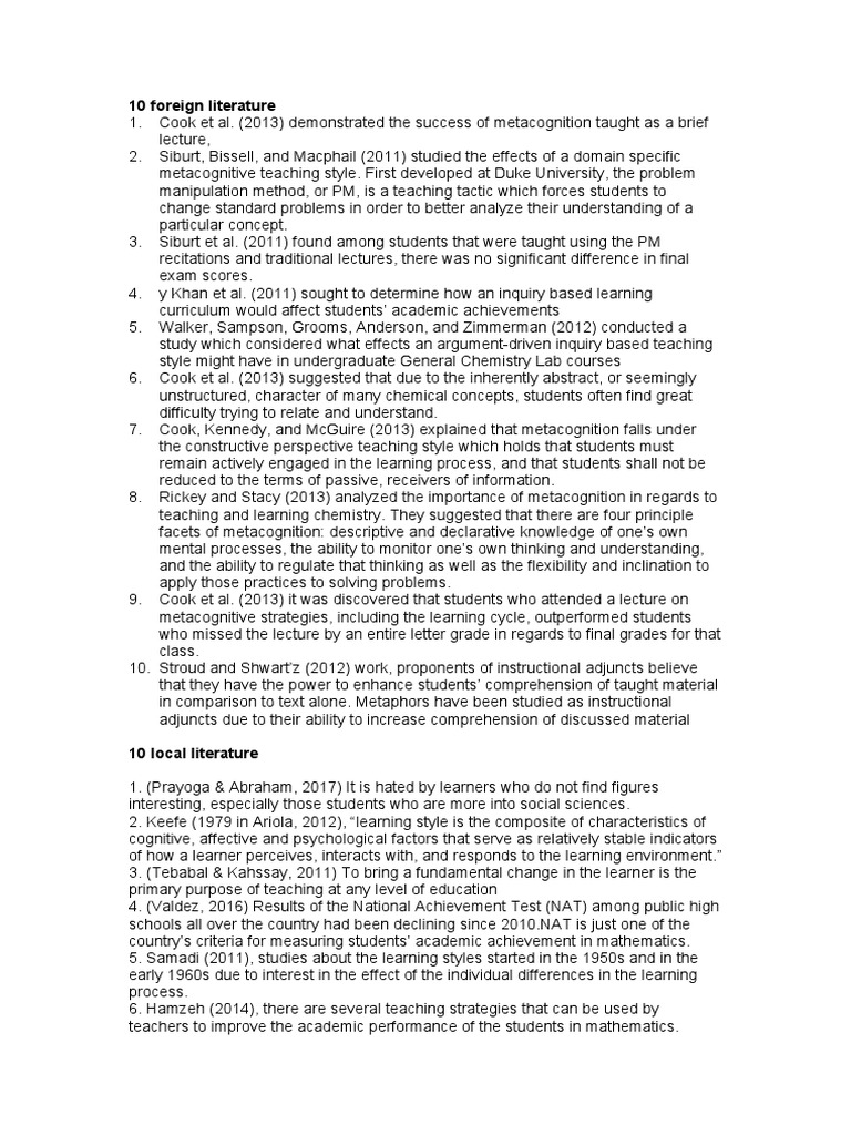10 foreign and local literature on teaching and learning strategies ...