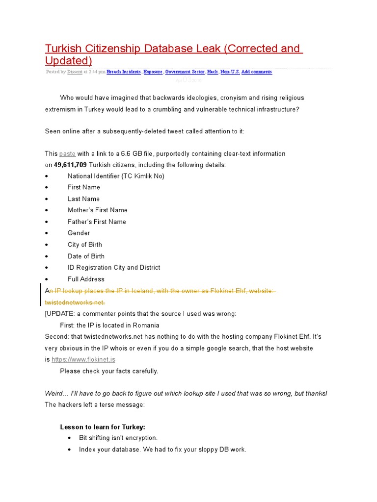 Turkish Citizenship Database Leak | PDF | Computing | Computer Law