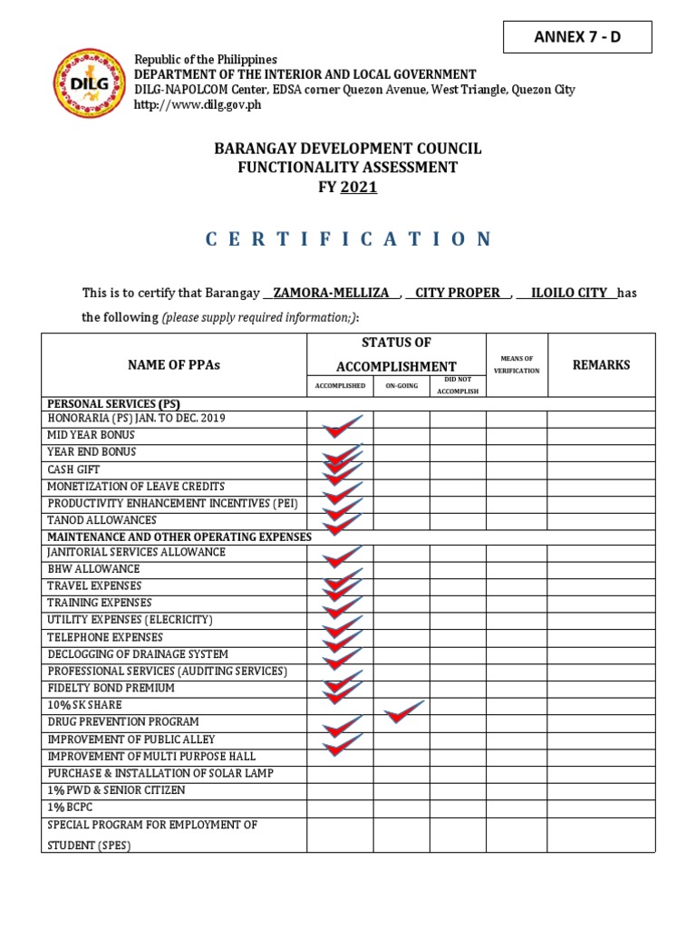 Certification: Barangay Development Council Functionality Assessment FY ...