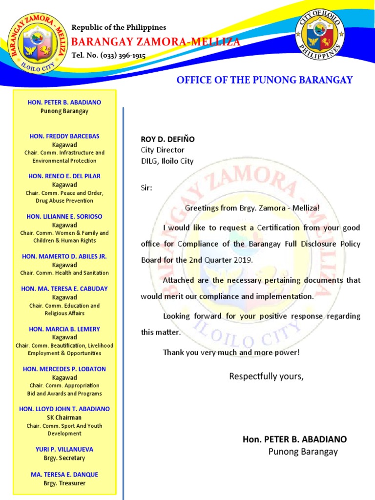 Barangay Zamora-Melliza: Office of The Punong Barangay | PDF