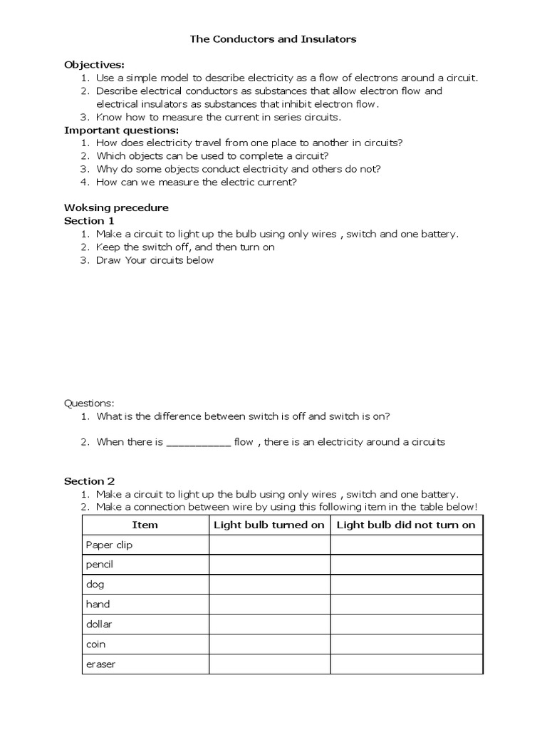 Conductors and Insulators Phet Worksheet | PDF | Electric Current ...