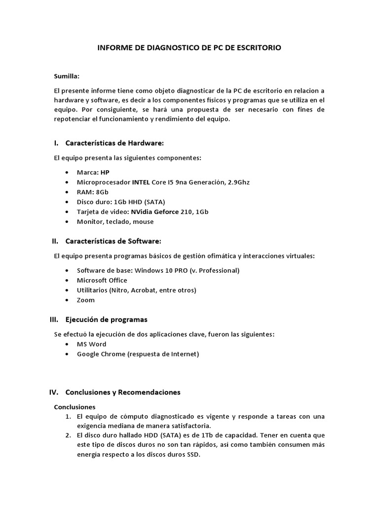 Informe de Diagnostico de PC de Escritorio | PDF | Hardware de la ...