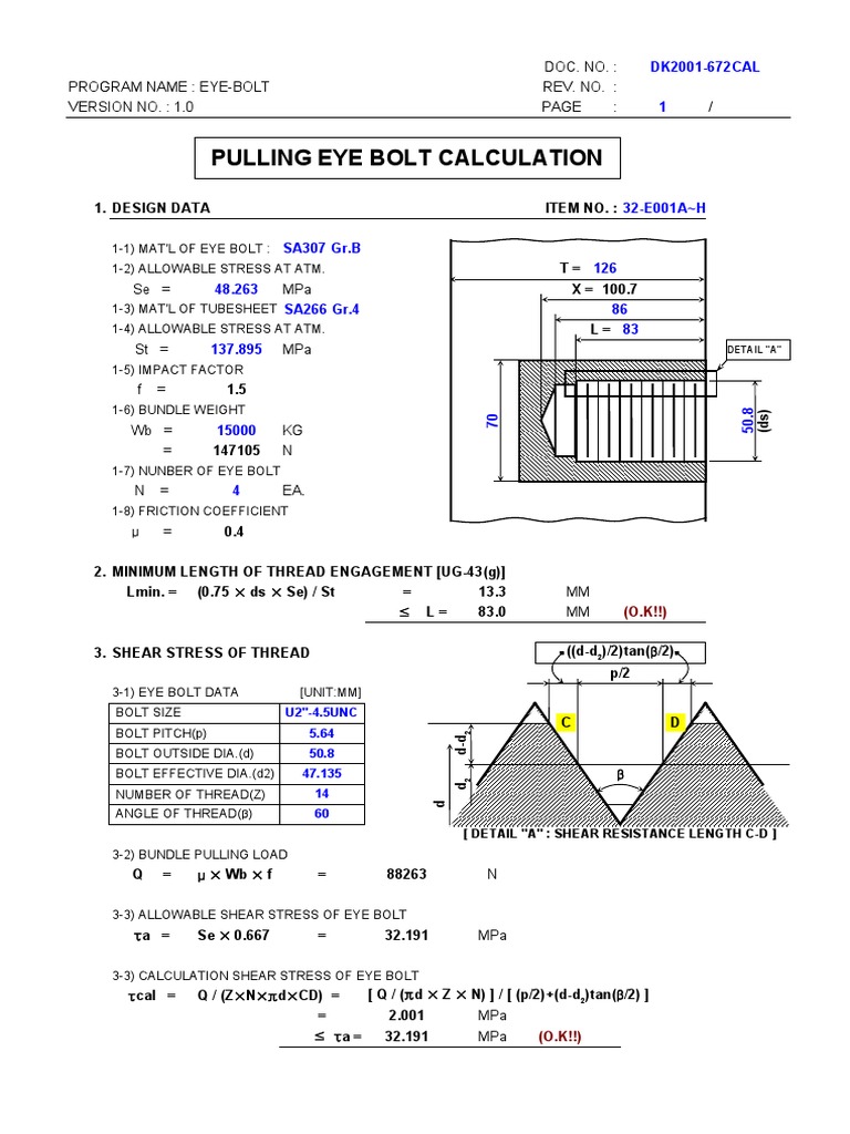 Pulling Eye Bolt Calculation: DK2001-672CAL 1 | PDF | Mechanical ...