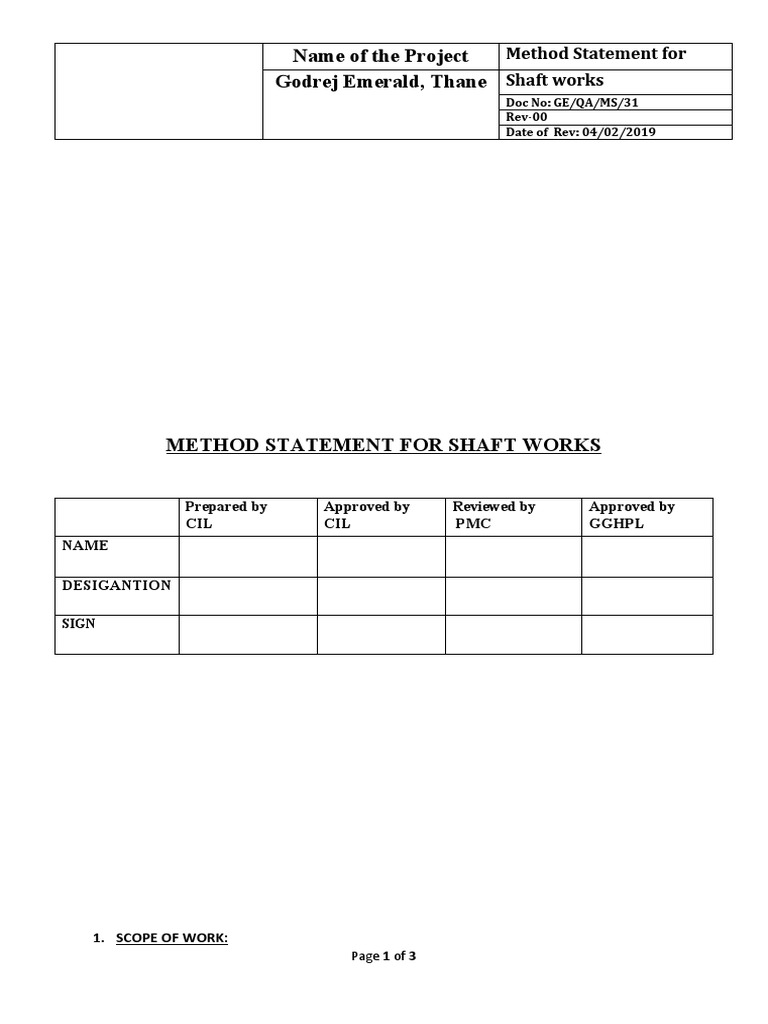 Method Statement for Shaft Works | PDF | Equipment | Manufactured Goods