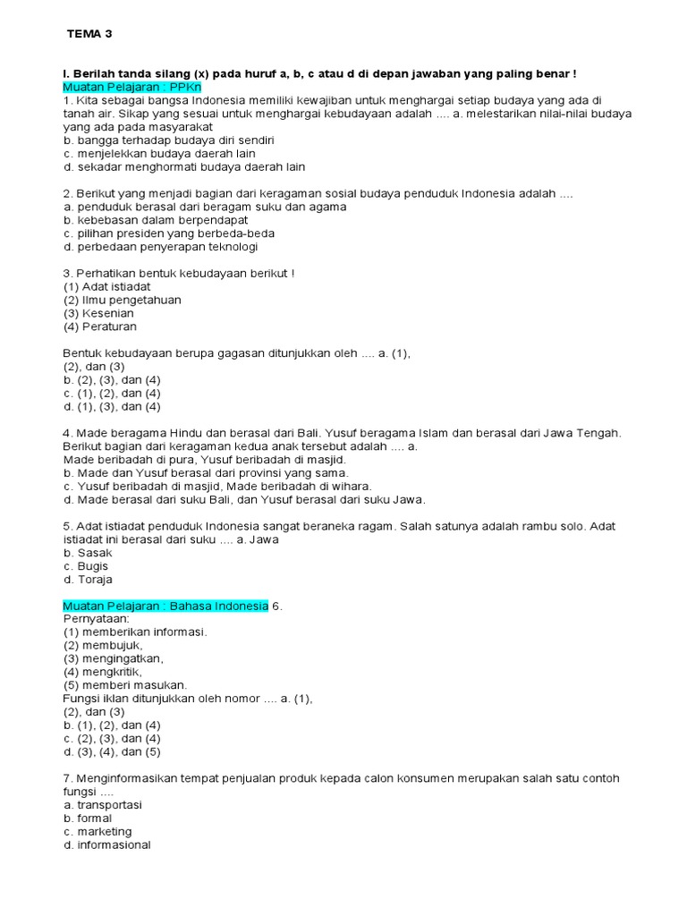 Soal PTS Tema 3 Kelas 5 Semester 1 K13 Tahun 2019-2020 | PDF | Seni & Disiplin Bahasa | Kajian ...