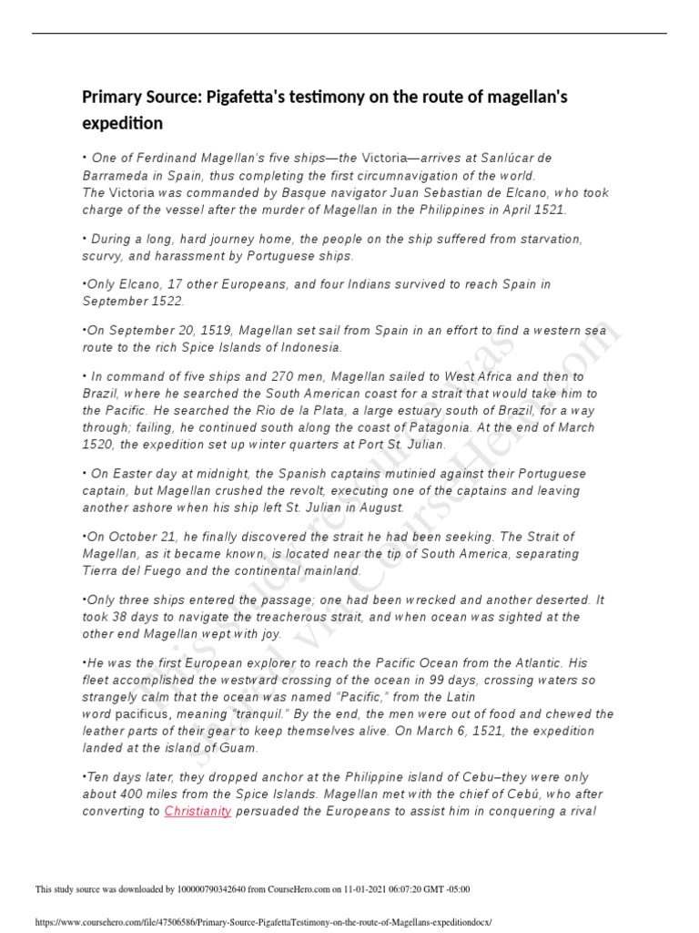 This Study Resource Was: Primary Source: Pigafetta's Testimony On The ...
