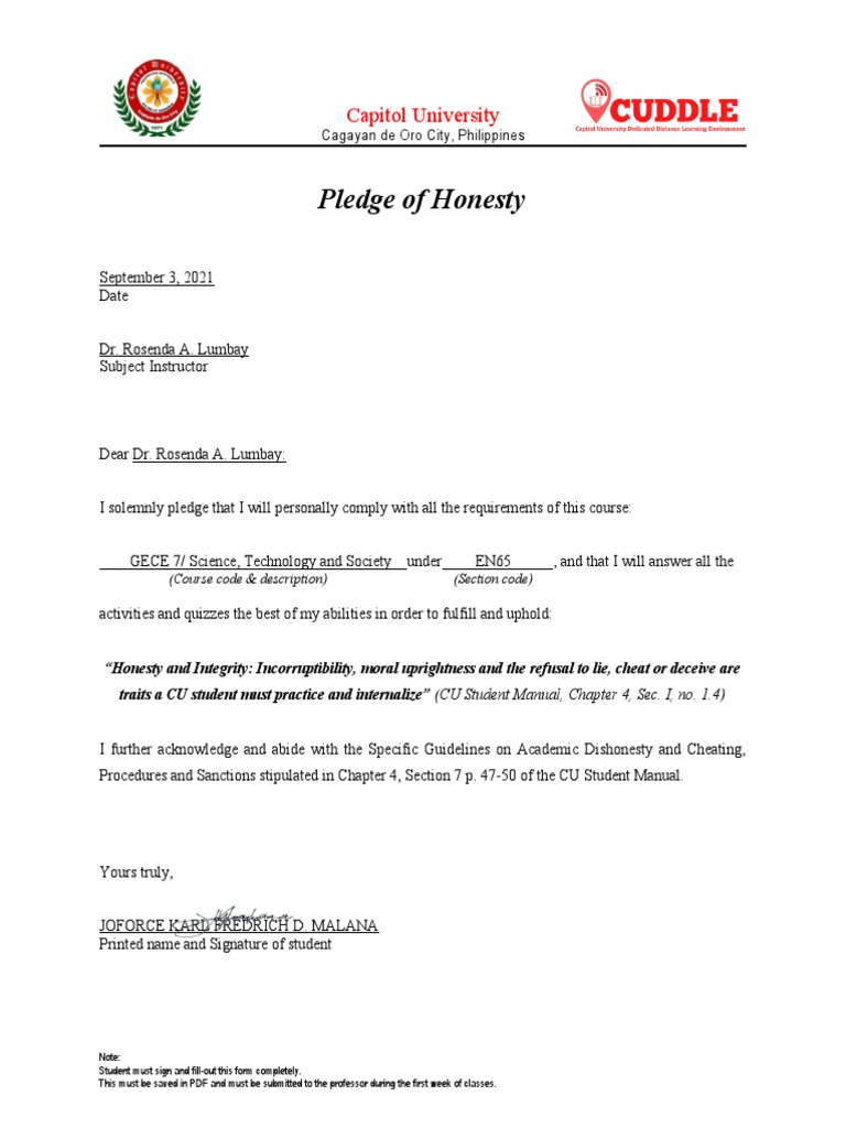 Pledge of Honesty Template v1 | PDF