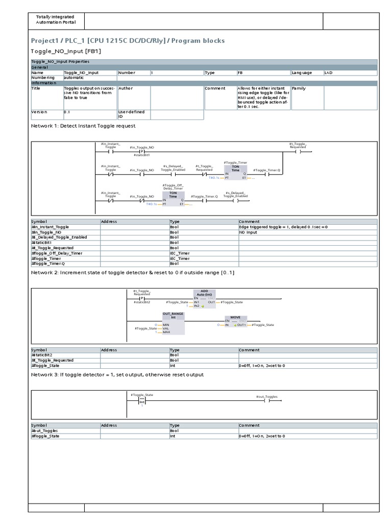 Project1 / PLC - 1 (CPU 1215C DC/DC/Rly) / Program Blocks: Toggle - NO ...