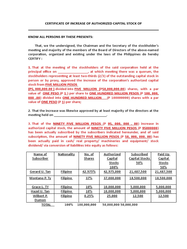 Increase Capital Stock Certificate | PDF | Stocks | Notary Public