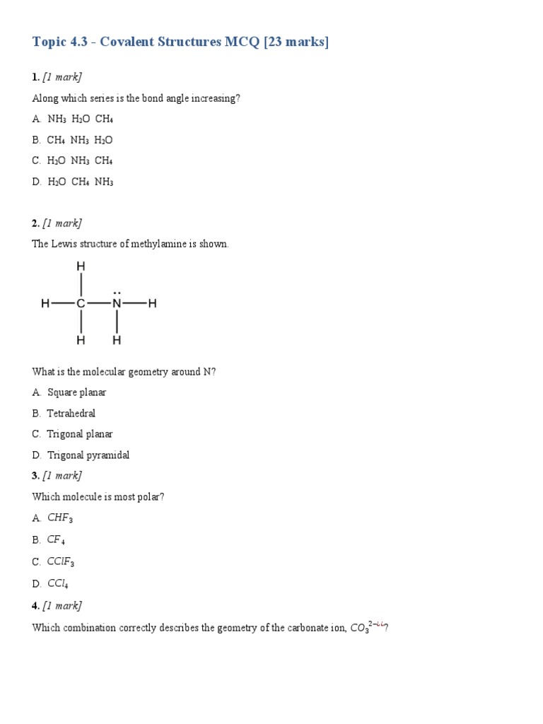 Topic 4.3 - Covalent Structures MCQ | PDF | Chemical Bond | Covalent Bond