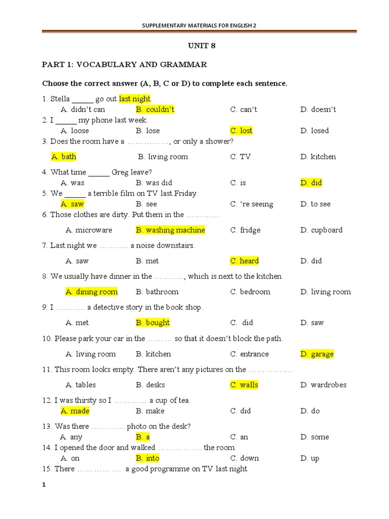 Unit 8 Part 1: Vocabulary and Grammar Choose The Correct Answer (A, B ...