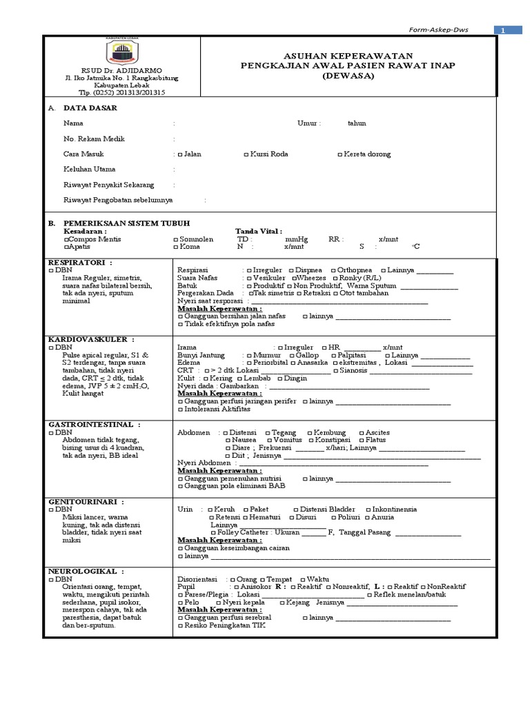 Form Pengkajian Dewasa - Lama | PDF