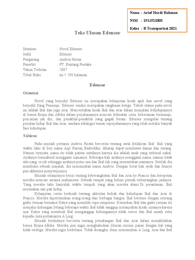 Ulasan Novel Edensor | PDF | Seni & Disiplin Bahasa | Puisi