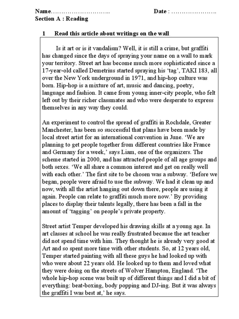 Graffiti Reading Comprehention | PDF | Graffiti | Vandalism