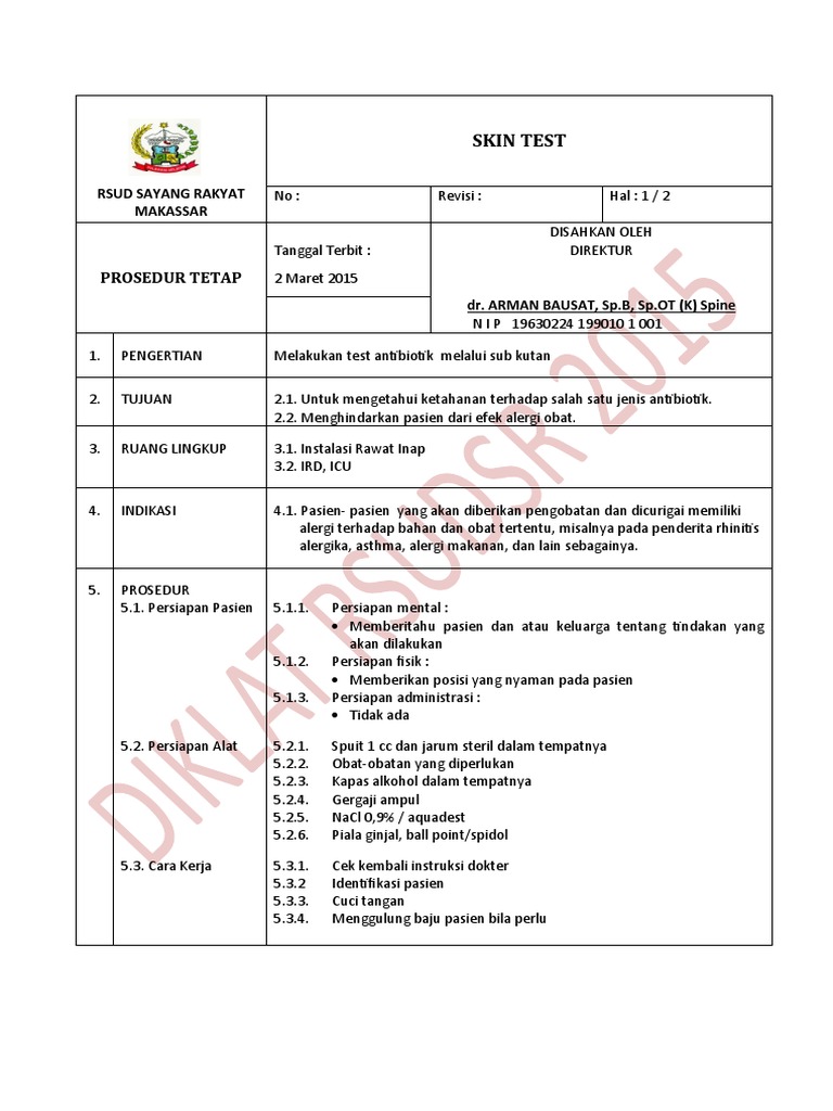 Prosedur Skin Test Antibiotik RSUD Makassar | PDF