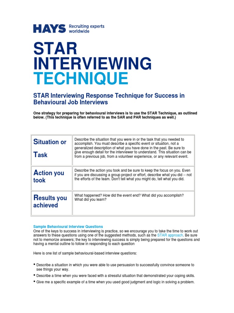 Star Interviewing: Technique | PDF | Job Interview | Neuropsychological ...