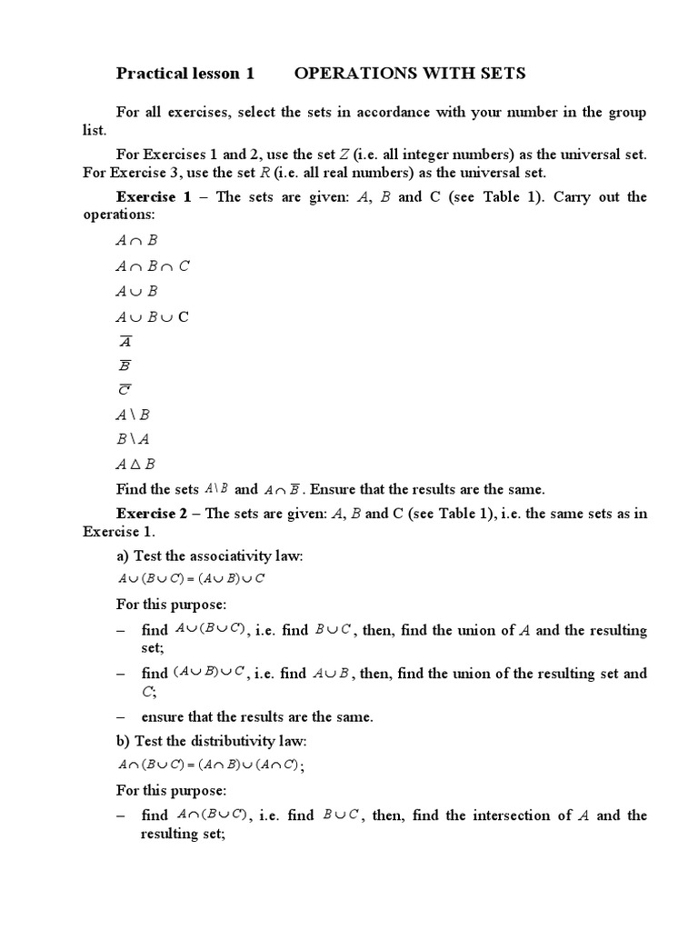 Practical Lesson 1 Operations With Sets | PDF | Mathematical Concepts ...