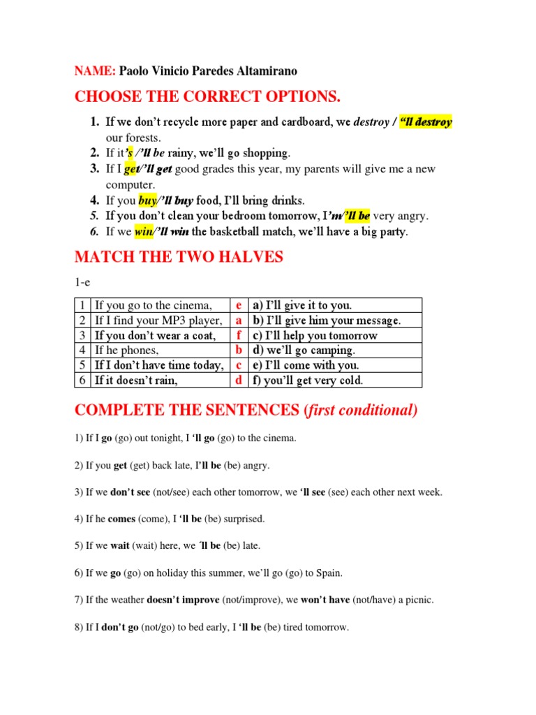 Homework First Conditional | PDF