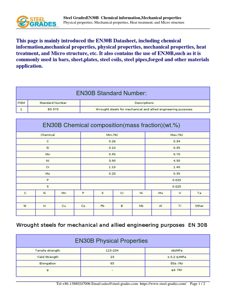 Datasheet For Steel Grades Specialsteel EN30B | PDF | Rolling ...