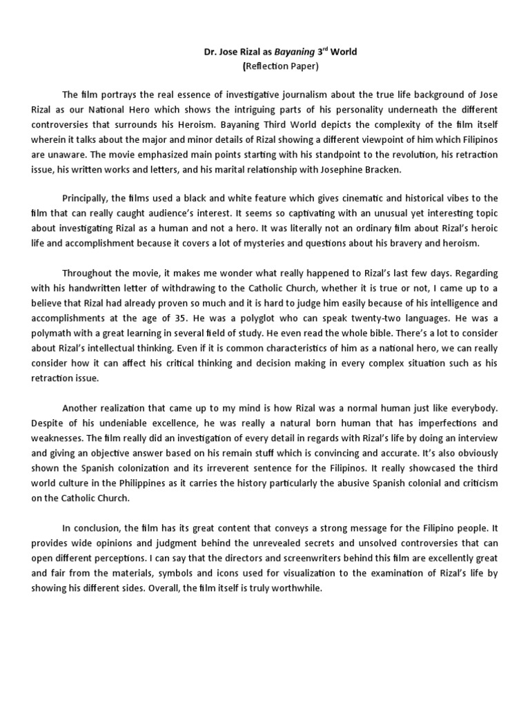 Dr. Jose Rizal As Bayaning 3 World (Reflection Paper) | PDF | Hero ...