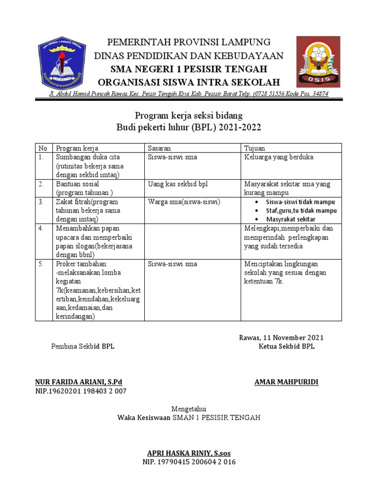 Contoh Program Kerja Sekbid Osis | PDF