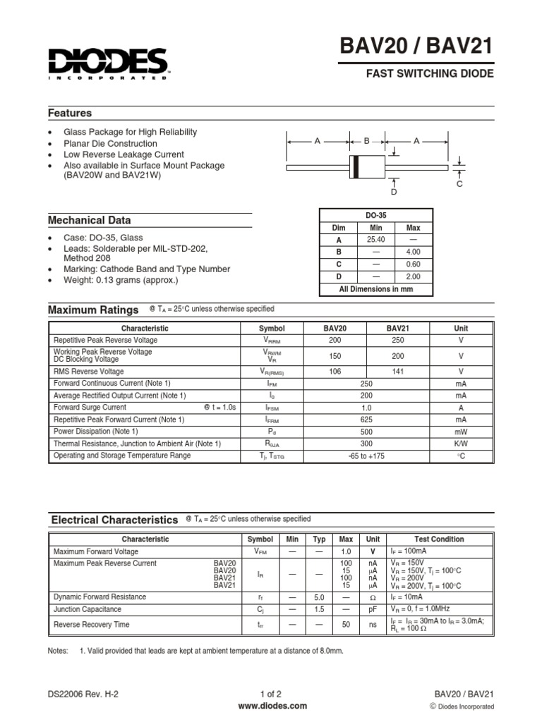 BAV20 / BAV21: Fast Switching Diode | PDF | Rectifier | Diode