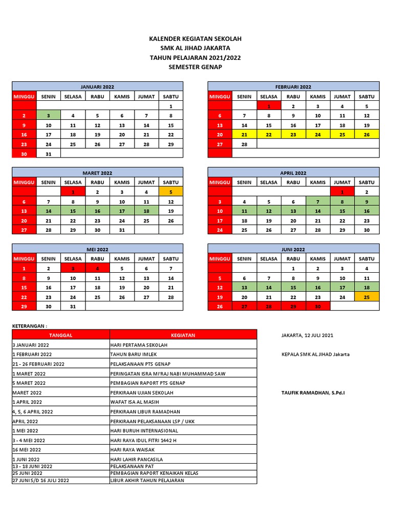 Kalender Kegiatan Sekolah SMK Al Jihad Tahun 2021 2022 | PDF