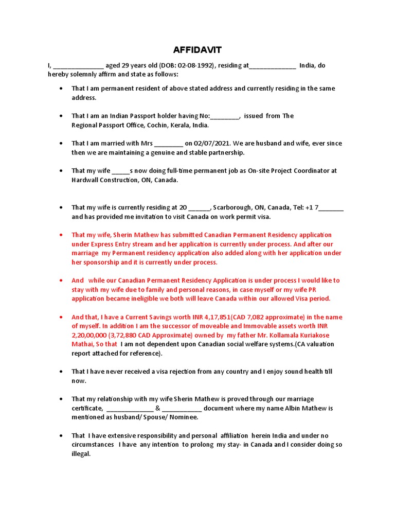 AFFIDAVIT Format | PDF | Travel Visa | Marriage