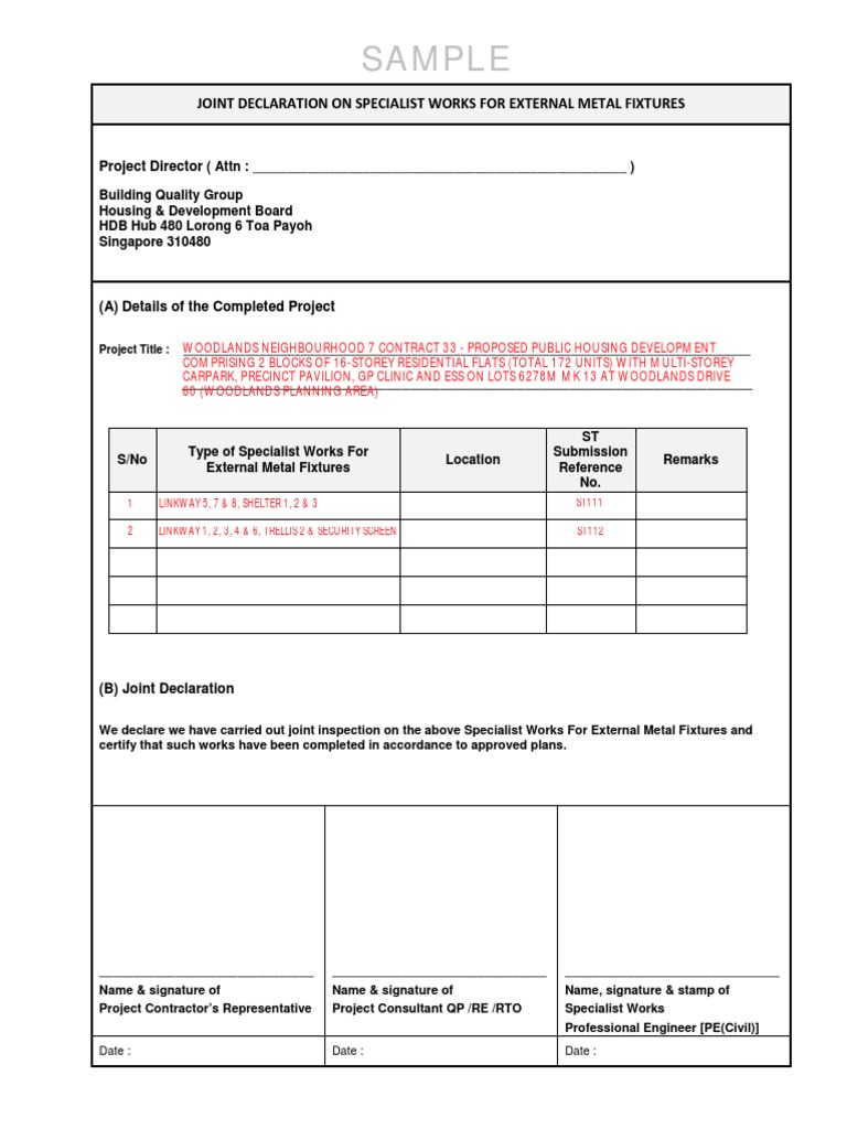 Joint Declaration Form For Specialist Works On Extrernal Metal Fixtures ...