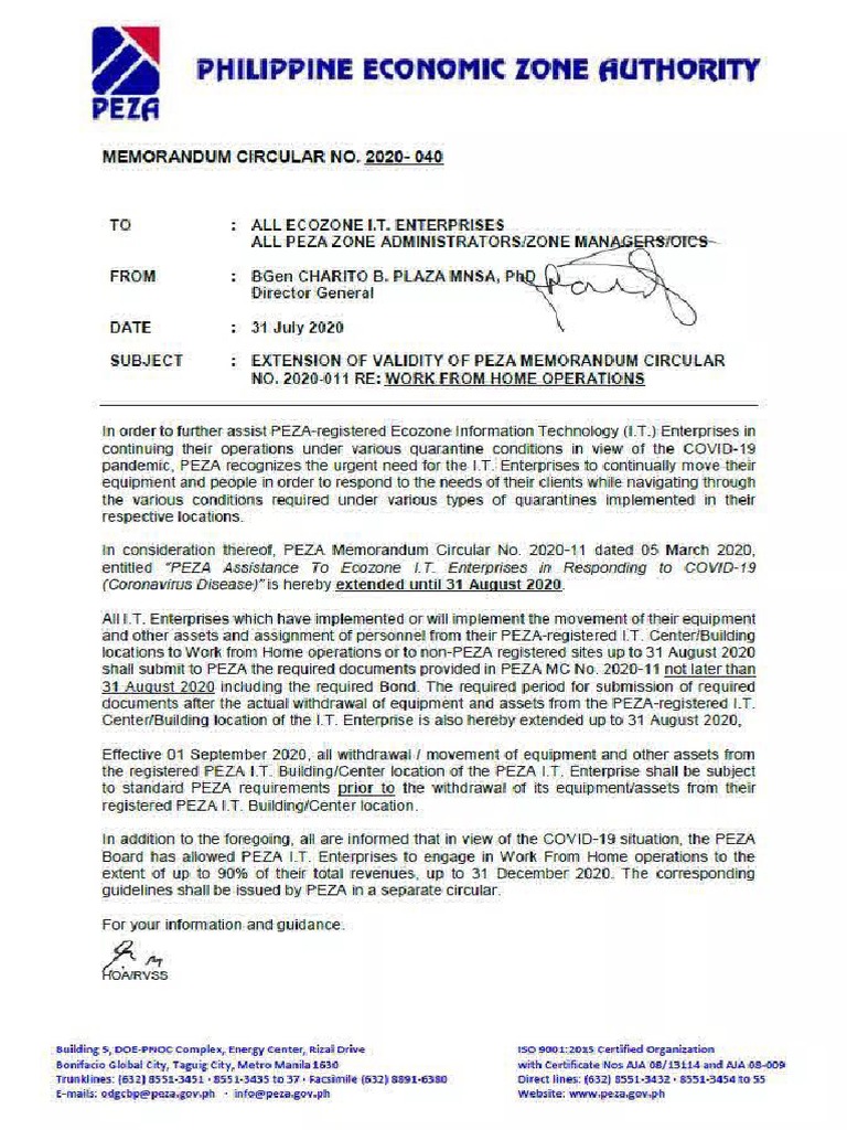 PEZA MC No. 2020-40 Extension of The Validity of PEZA Memorandum ...