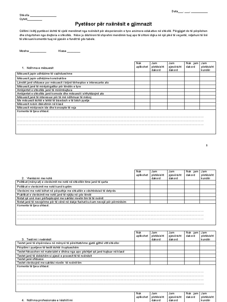 Pyetesor Per Nxenesit e Gjimnazit (Anonim) | PDF