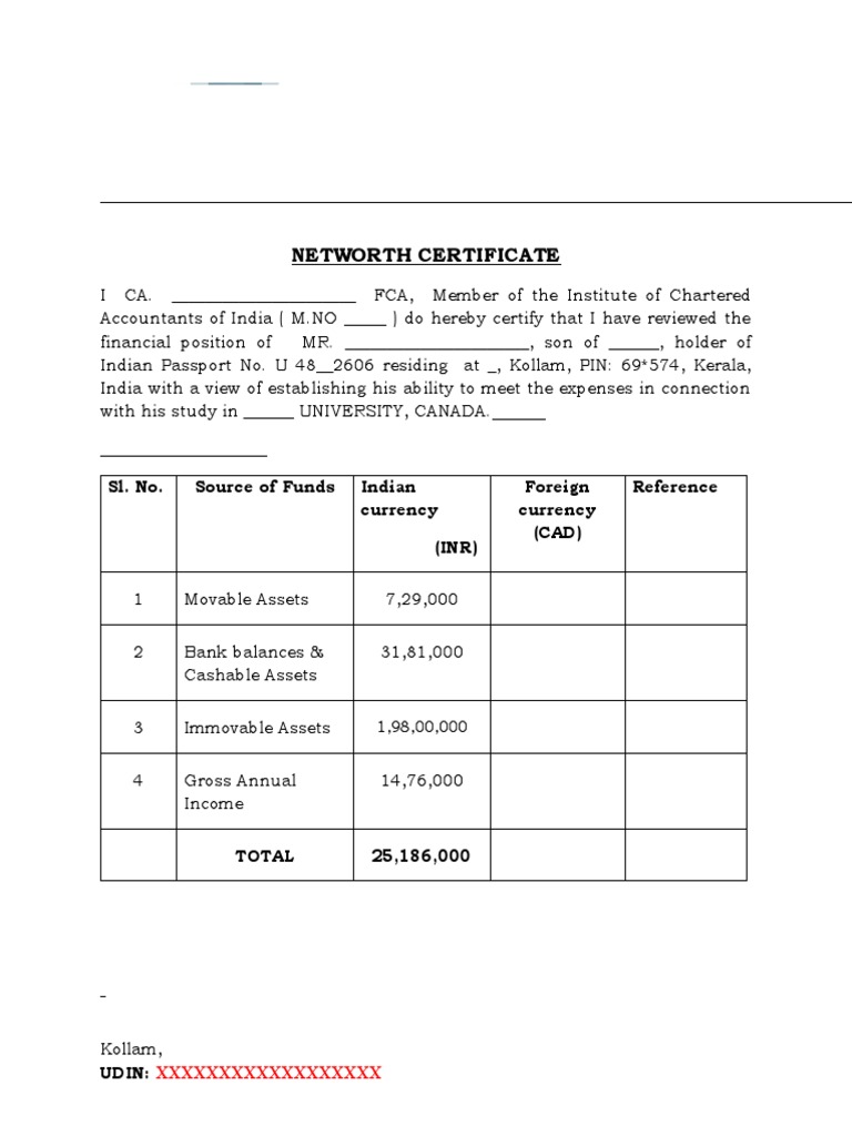 Networth Certificate: Sl. No. Source of Funds Indian Currency (INR) Foreign Currency (CAD ...