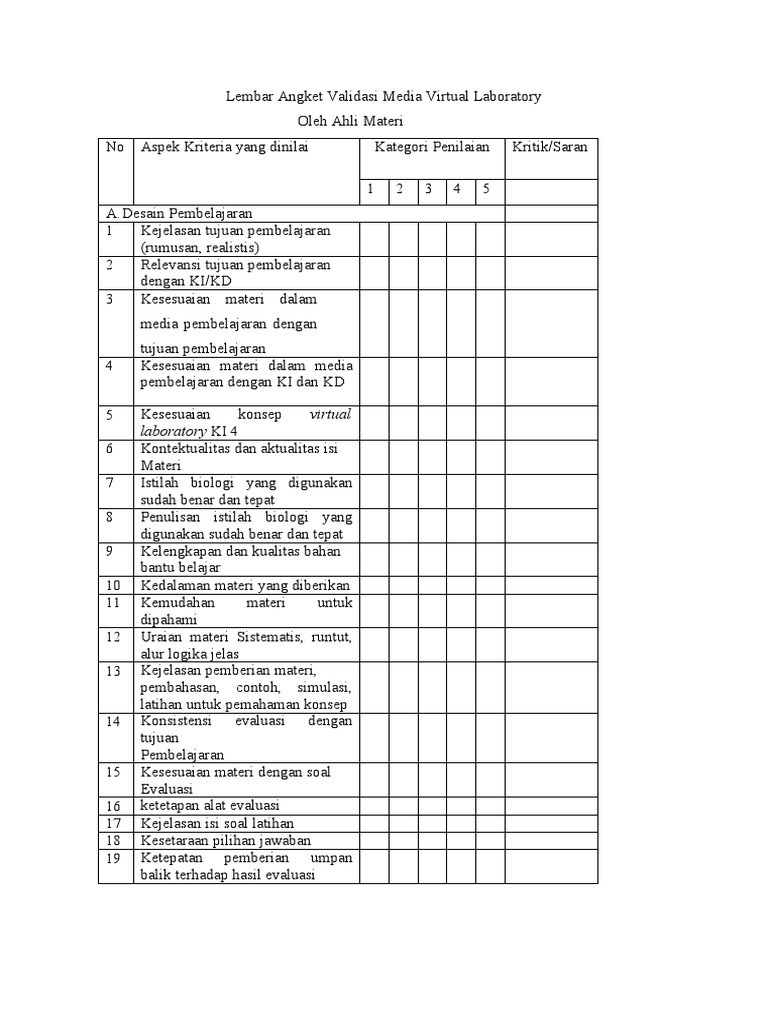 Lembar Angket Validasi Media Virtual Laboratory | PDF