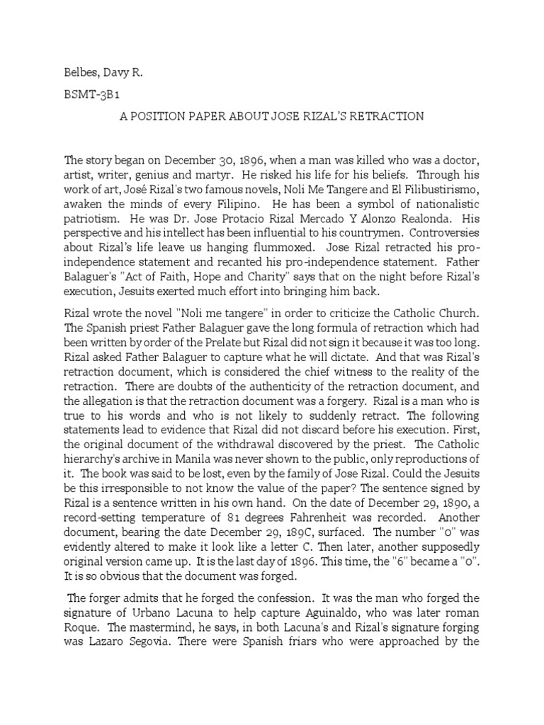 A Position Paper About Jose Rizal's Retraction | PDF | History