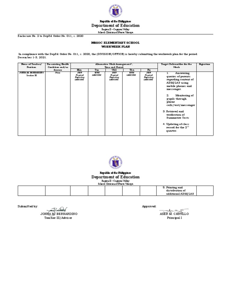 Work Week Plan For December 2021, Week 1 | PDF