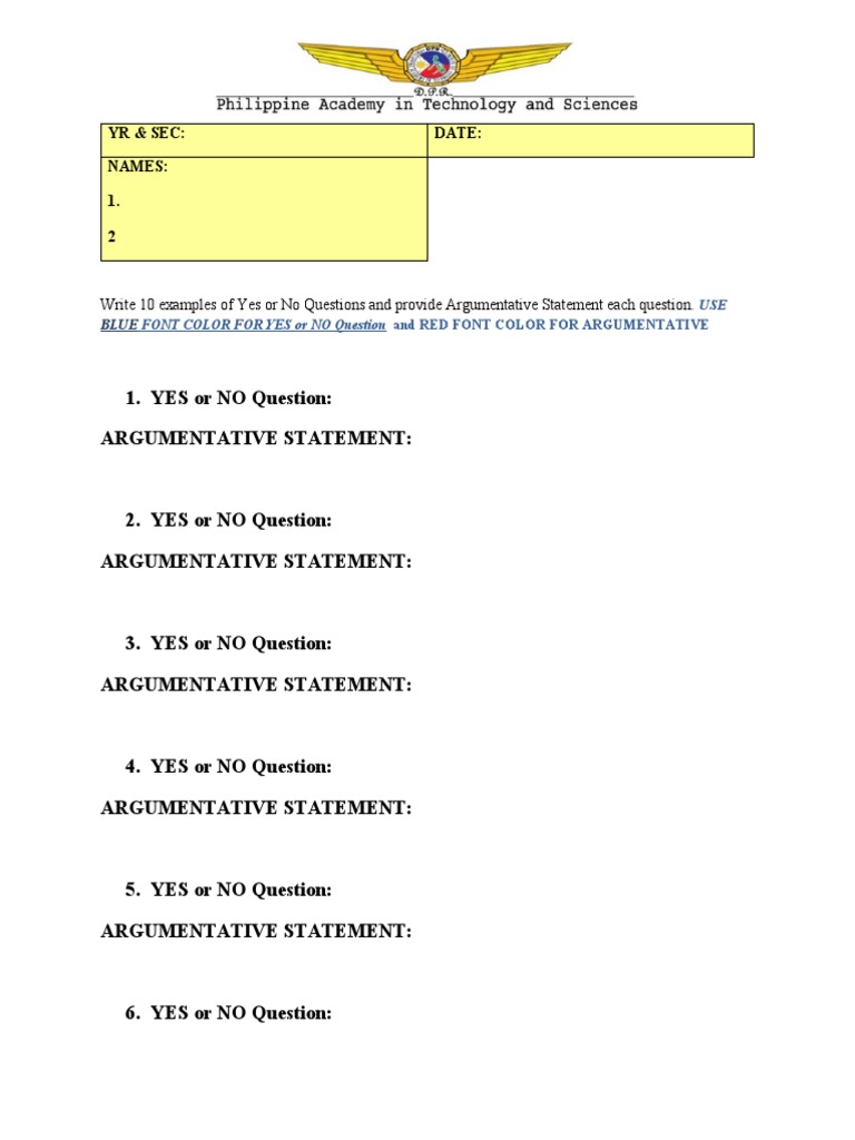Yr & Sec: Date: Names: 1. 2: Write 10 Examples of Yes or No Questions ...