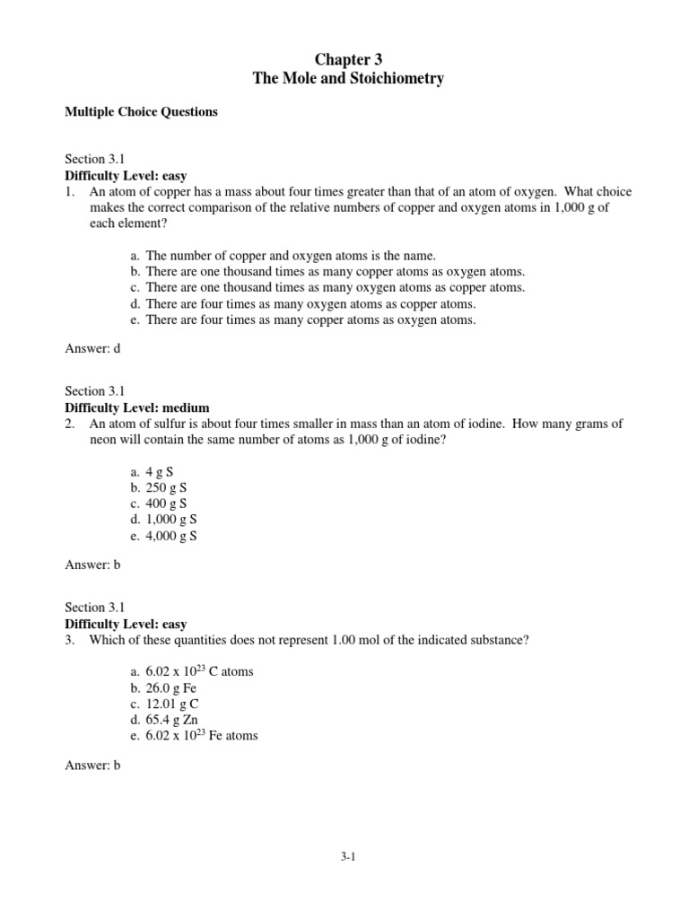 Stoichiometry and Mole Concepts Quiz | PDF | Mole (Unit) | Materials