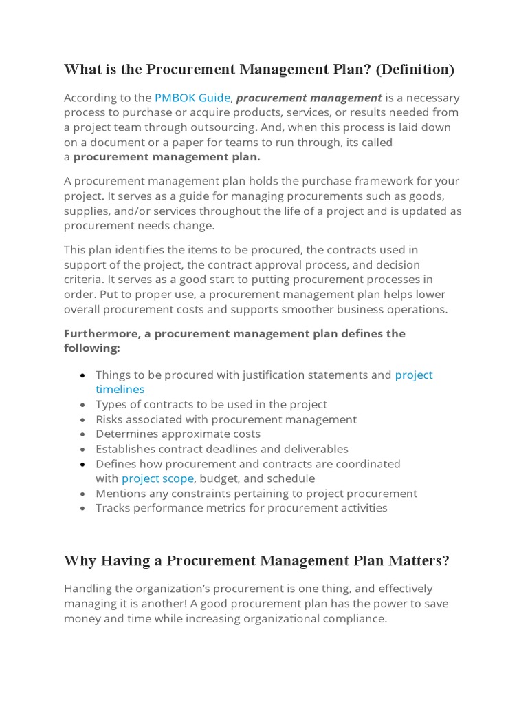 What Is The Procurement Management Plan? (Definition) : PMBOK Guide ...