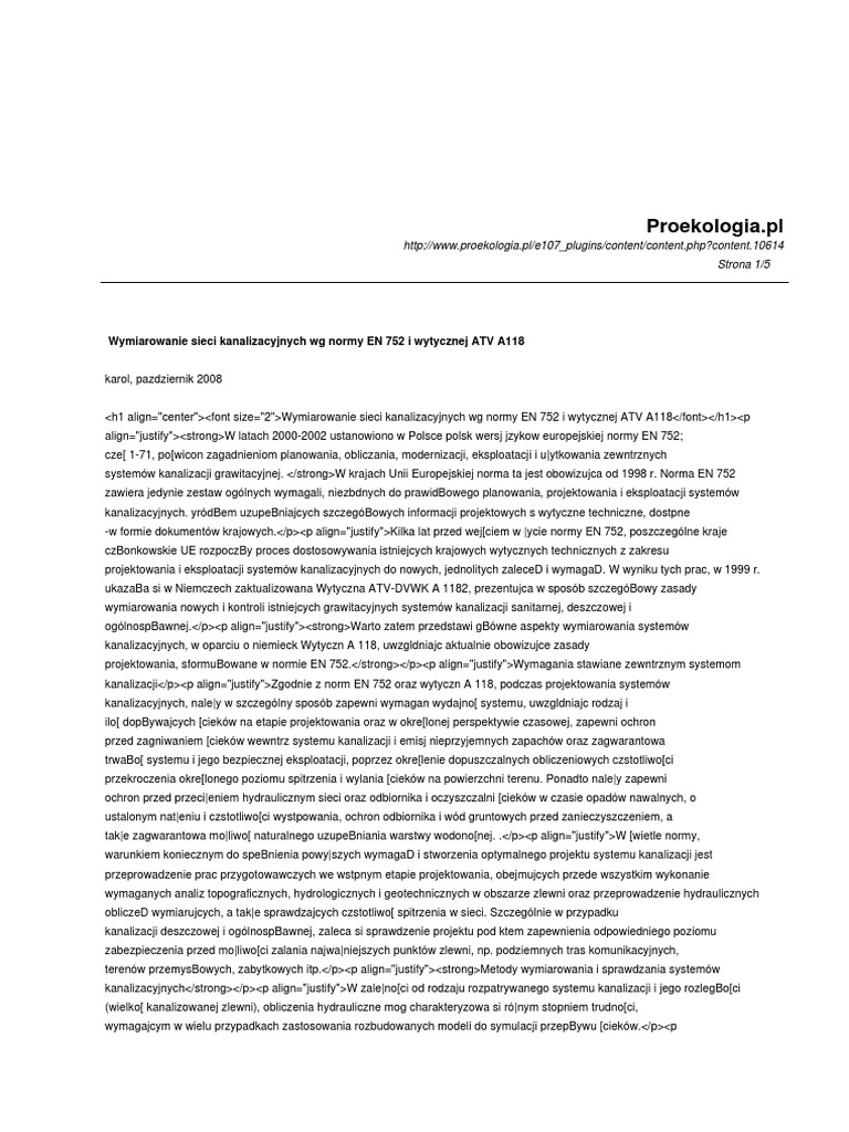 Wymiarowanie Sieci Kanalizacyjnych WG Normy EN 752 I Wytycznej ATV A118 ...