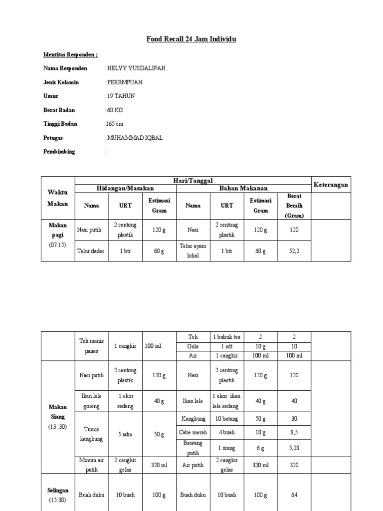 Formulir Food Recall 24 Jam Individu | PDF