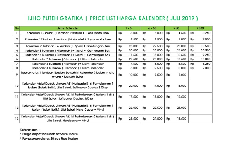 Harga Kalender 2019 - Daftar Lengkap | PDF | Home & Garden