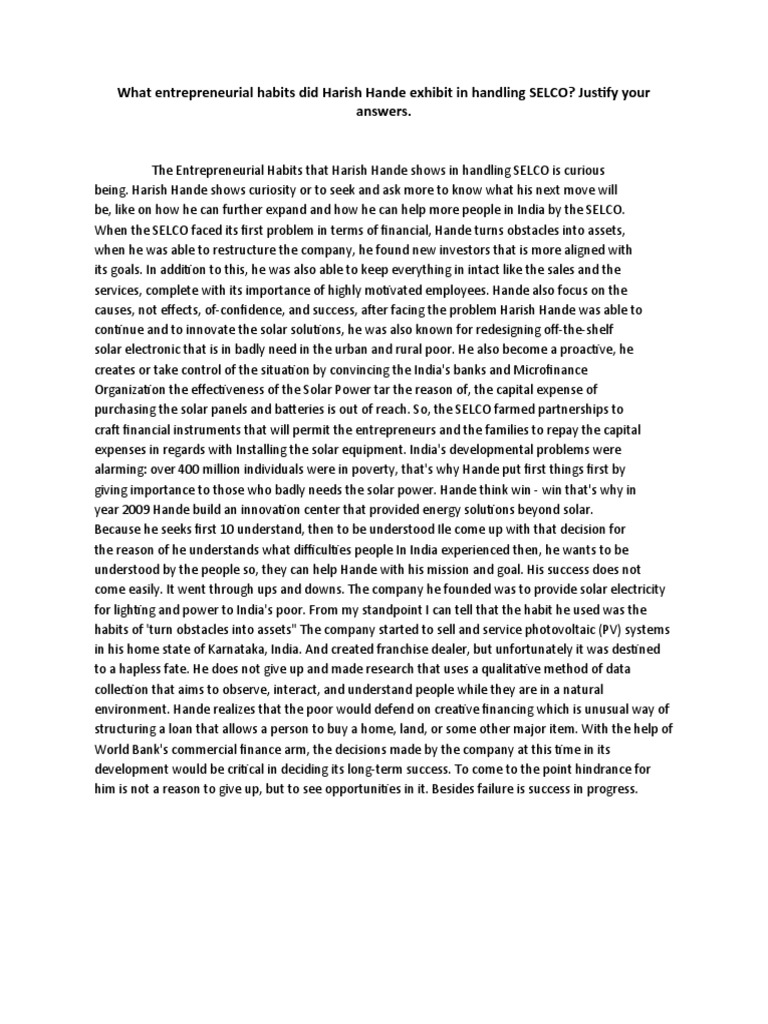 What Entrepreneurial Habits Did Harish Hande Exhibit in Handling SELCO ...