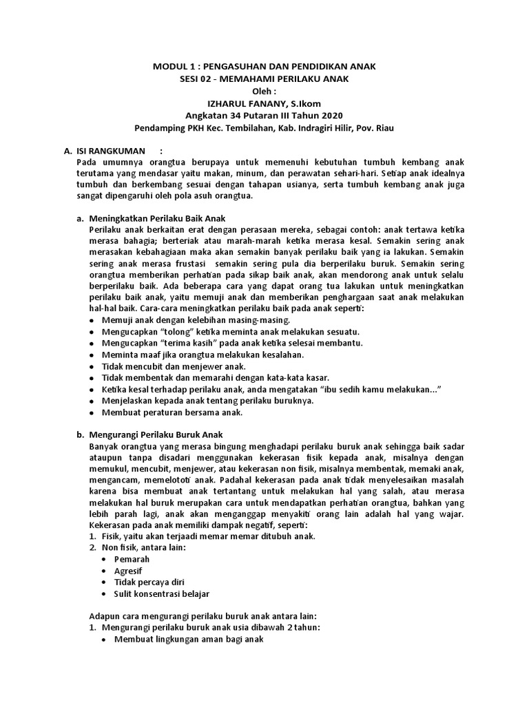 Summary Izharul Fanany Sesi 02 Memahami Prilaku Anak | PDF