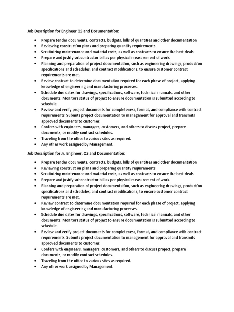 Job Description For Engineer QS and Documentation | PDF | Specification ...