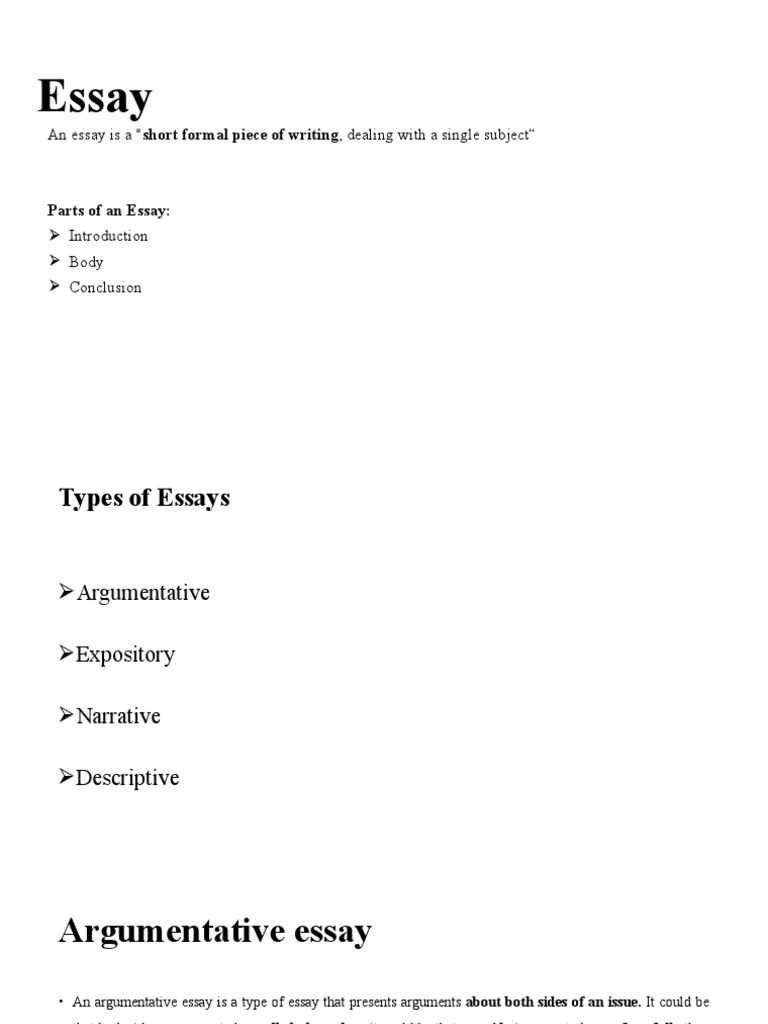 Essay: An Essay Is A "Short Formal Piece of Writing, Dealing With A ...