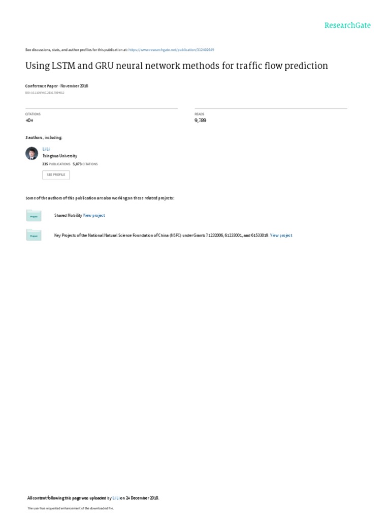 Using LSTM and GRU Neural Network Methods For Traffic Ow Prediction | PDF | Artificial Neural ...