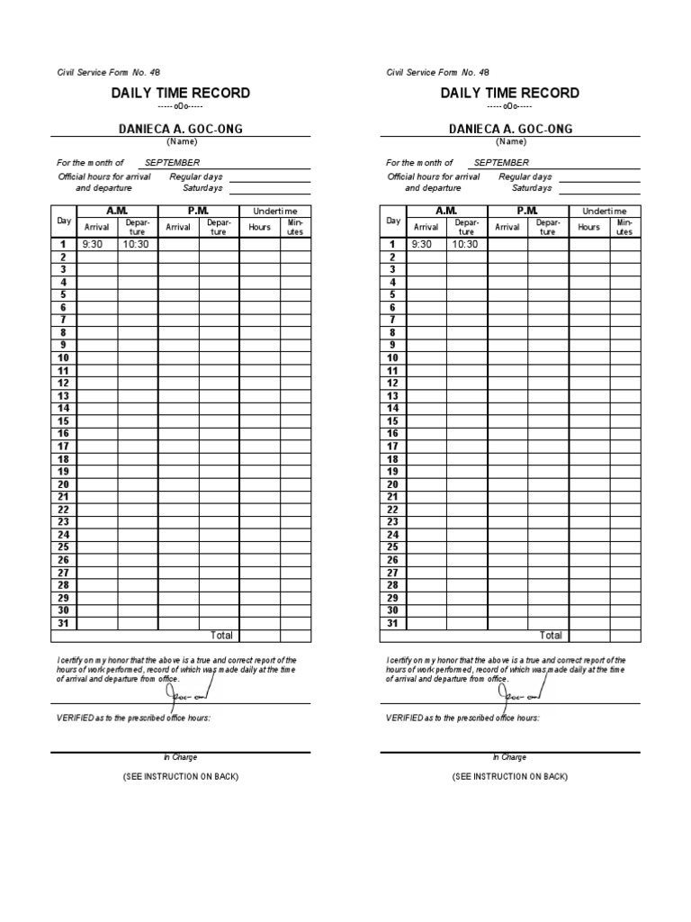 CSC Form 48 Daily Time Record DTR 2 | PDF