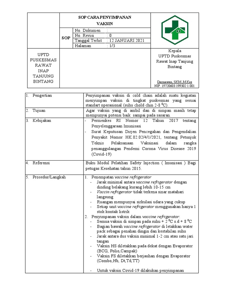 Sop Penyimpanan Vaksin TJ Bintang | PDF
